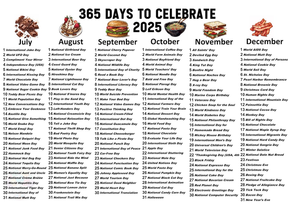 365 Days to Celebrate |celebrations Calendars: Printable Edition | 2025 ...