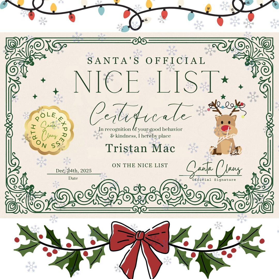 Editable Nice List Certificate for Christmas • Canva Template • Santa ...