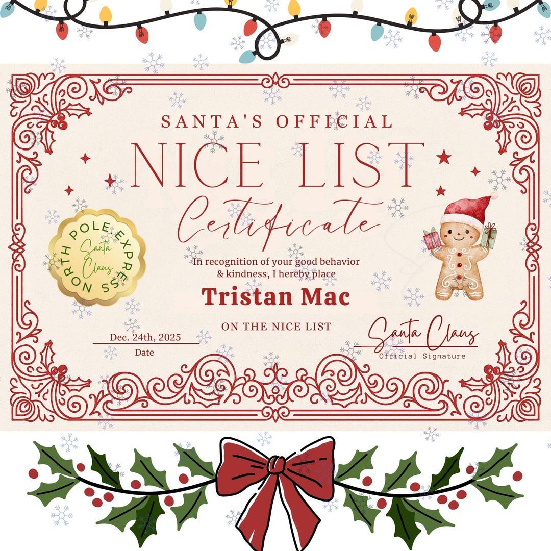 Editable Nice List Certificate for Christmas • Canva Template • Santa ...