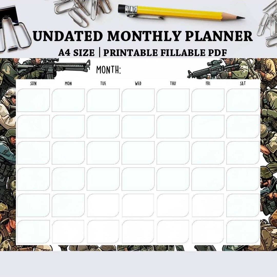 Army Undated Monthly Planner Printable - Landscape Format, Cool Design ...