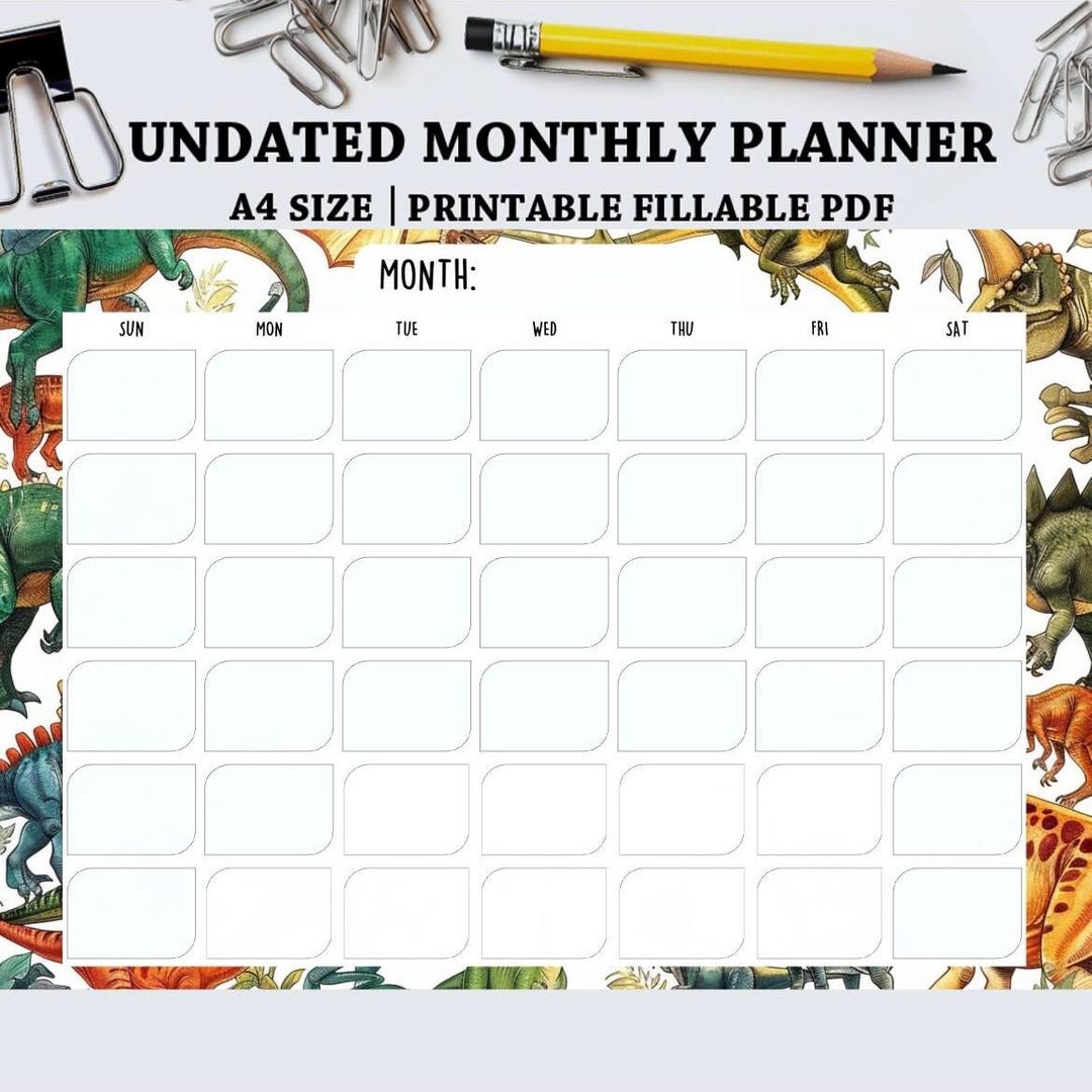Dinosaurs Undated Monthly Planner Printable - Landscape Format, Cool ...