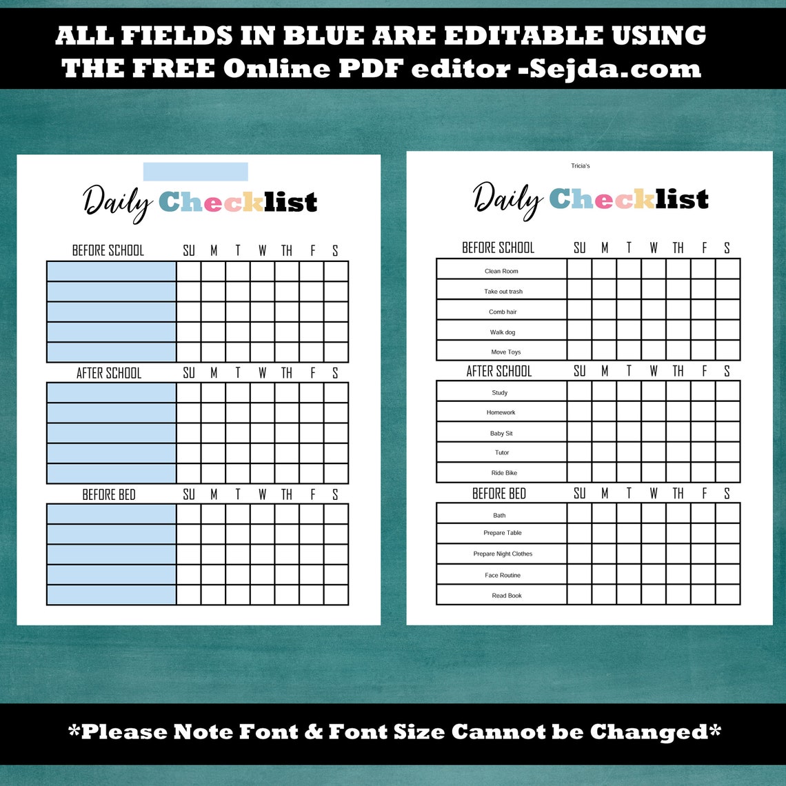 Printable Editable Daily Checklist for Kids Editable Daily - Etsy
