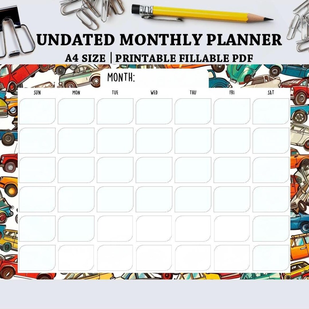 Car Lot Undated Monthly Planner Printable - Landscape Format, Cool ...