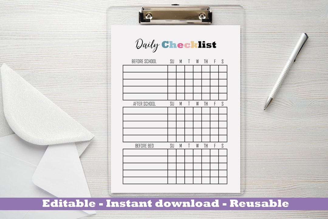 Printable Editable Daily Checklist for Kids| Editable Daily Kids ...