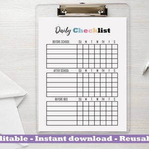 Printable Editable Daily Checklist for Kids| Editable Daily Kids ...