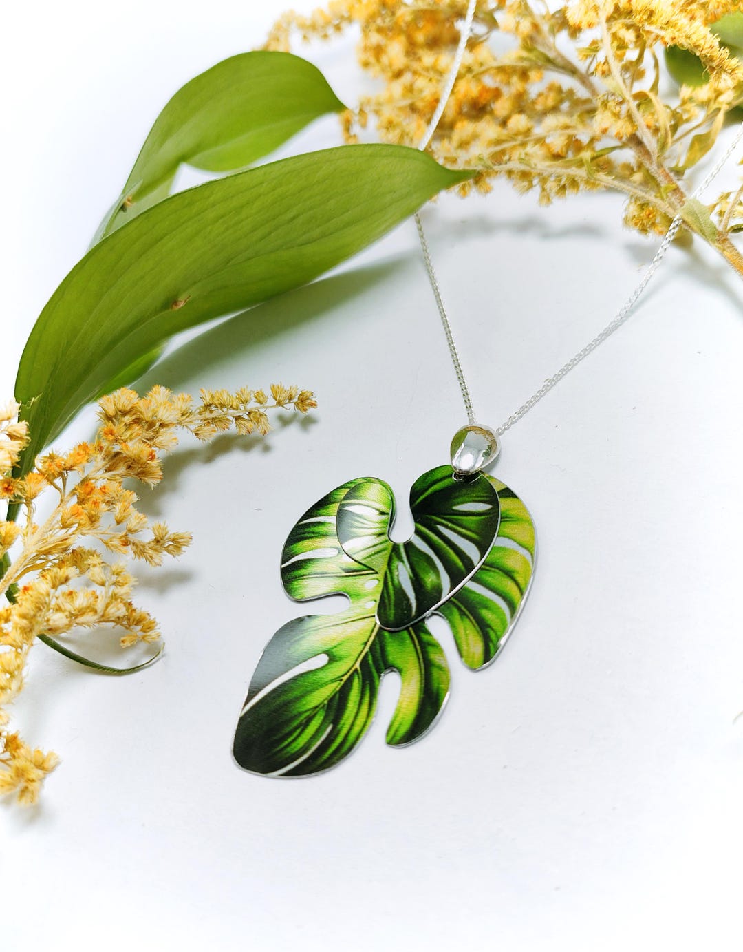 Monstera Leaf Necklace,green Leaf Pendant, Statement Necklace,large ...