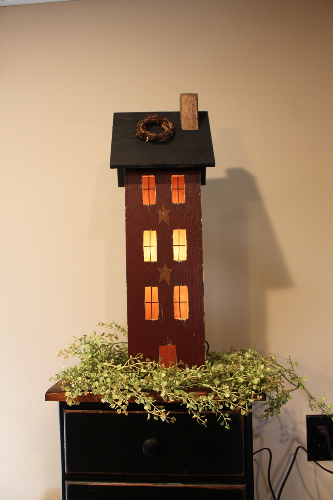 Tall Narrow Wooden Primitive House With Low Wattage Bulb for ...