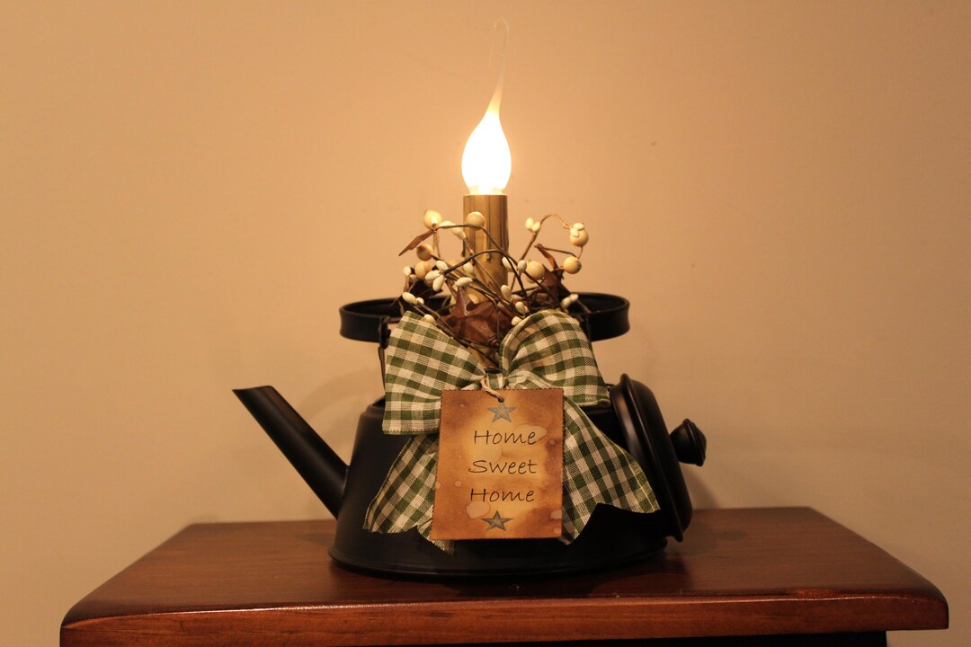 Black Tea Kettle With Electric Candelabra Light Berries, Bow and Hang ...