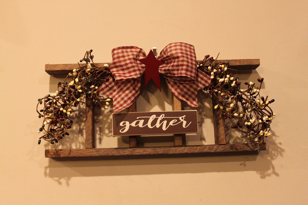 Small Authentic Tobacco Lath Ladder With Berries, Gather Sign, Star and ...
