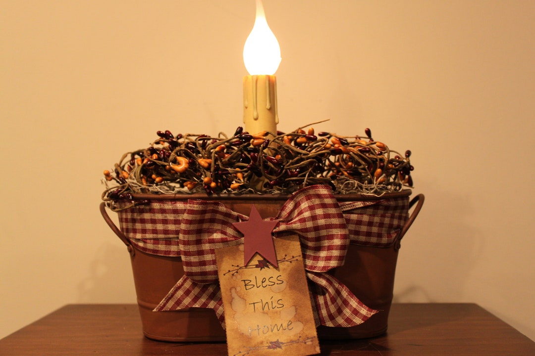 Rusty Planter Electric Candelabra Light With Pip Berries, Bow and Kraft ...