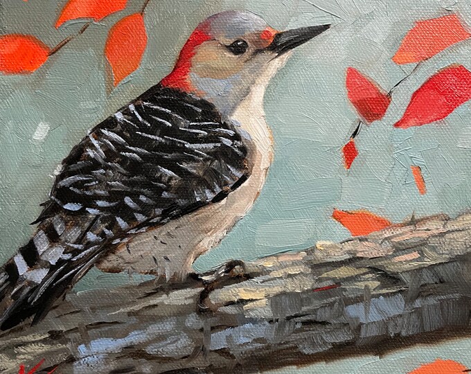 Woodpecker, Autumn, 8”x8” Original Oil Painting by Krista Eaton ...