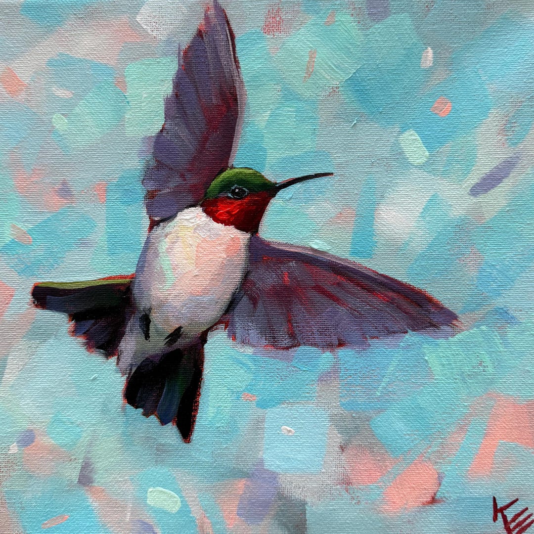 Hummingbird & Flowers, Original, Painting, Krista Eaton, Bird, on Thick ...