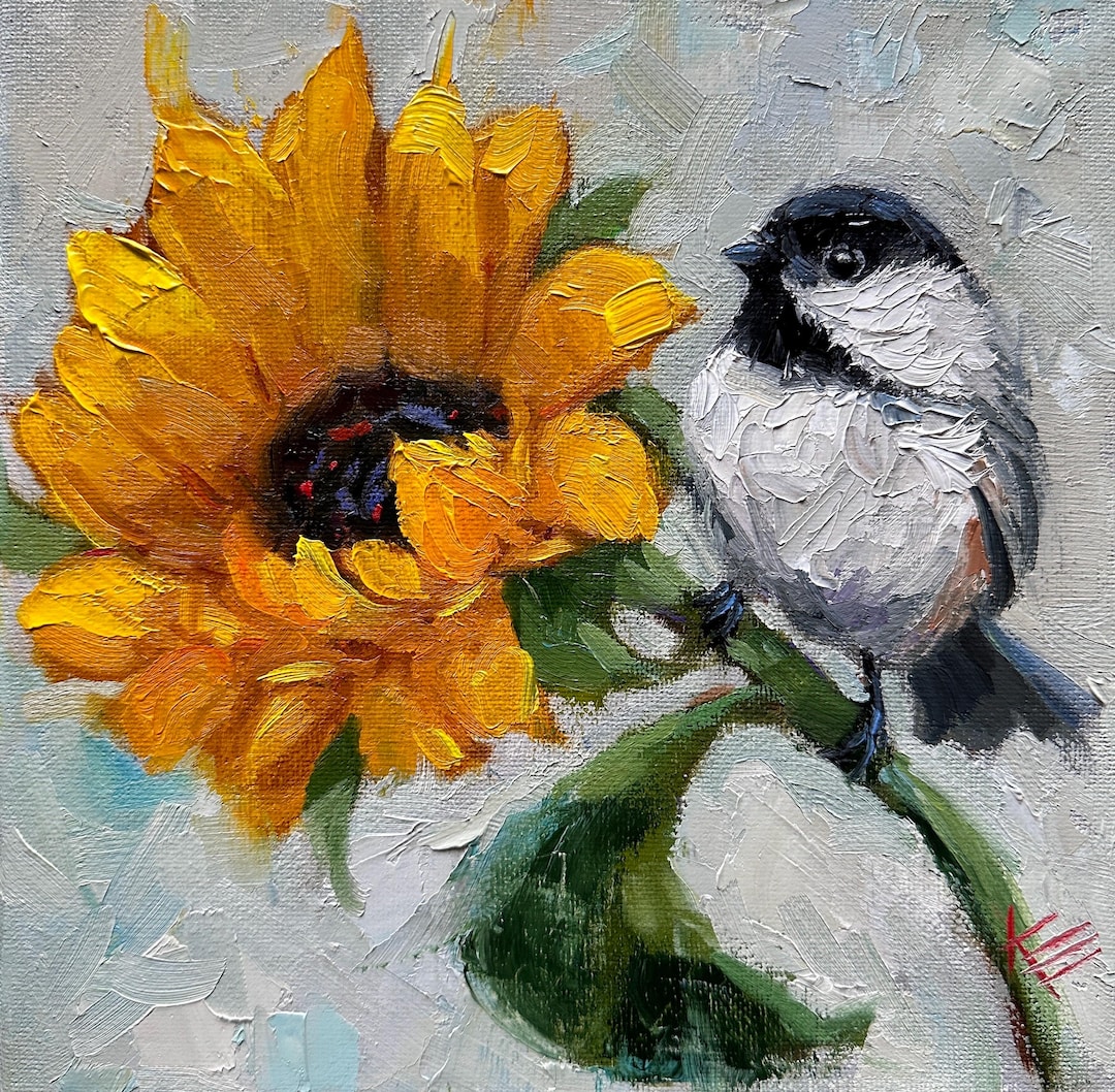 Chickadee and Sunflower Original Oil Painting 8 X 8 Inches by Krista ...