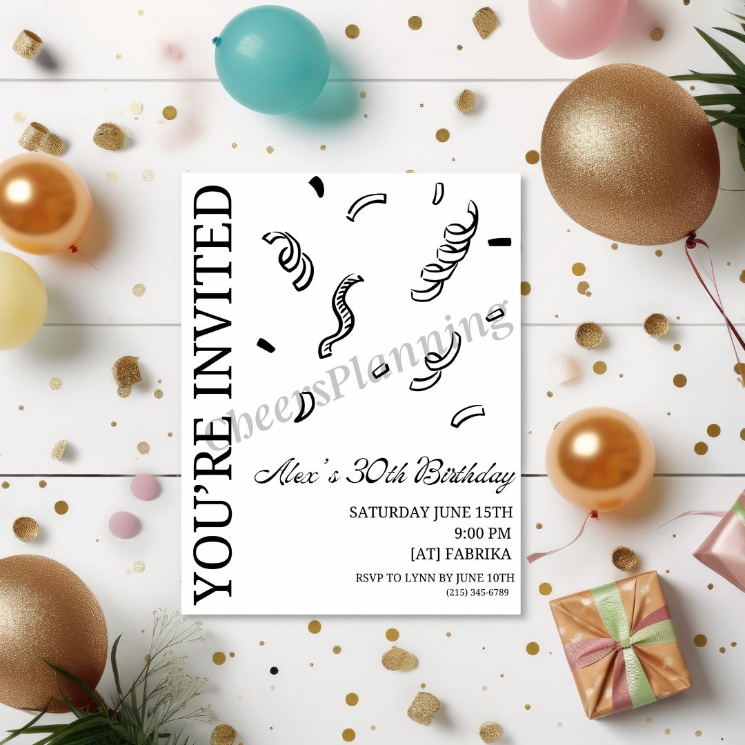 Modern Black and White Confetti Birthday Invite Template - Customizable ...