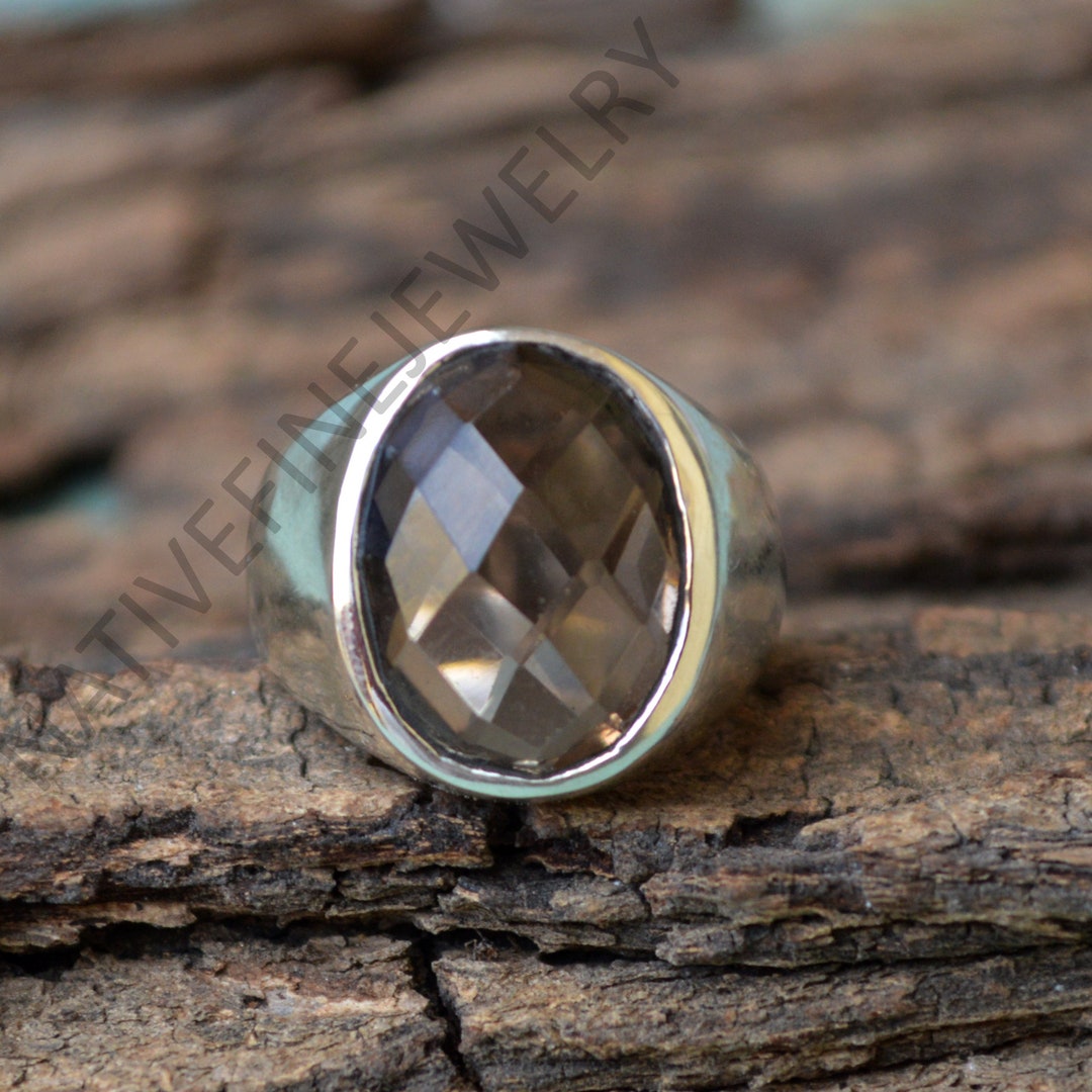 Oval Smoky Quartz Ring: Solid Sterling Silver, Heavy Gemstone - Etsy