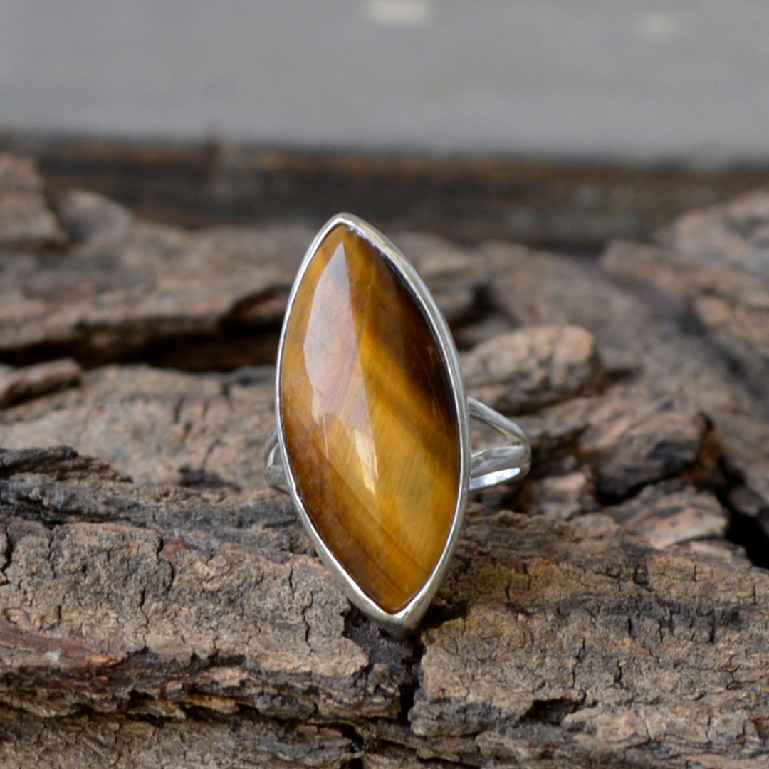 Genuine Tiger Eye Gemstone Ring, 925 Sterling Silver Ring, Bezel Set ...
