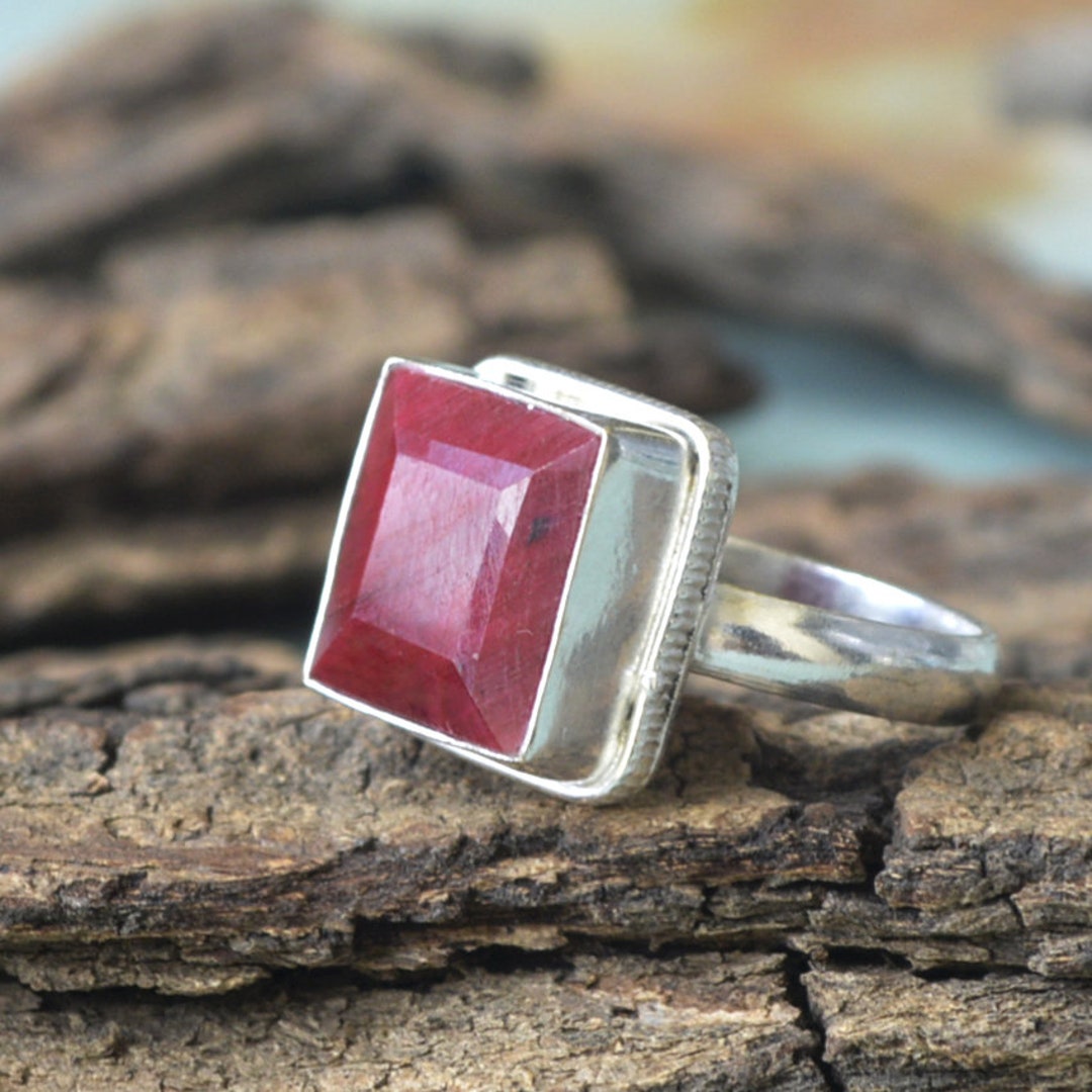 Handmade Square Ruby Ring: Bezel Set Sterling Silver, July Birthstone ...