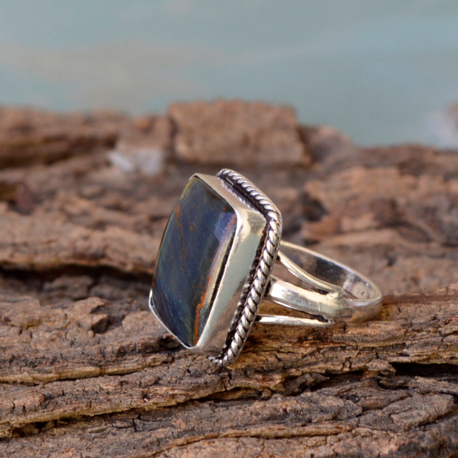 Natural Blue Tiger Eye Gemstone Ring 925 Sterling Silver - Etsy