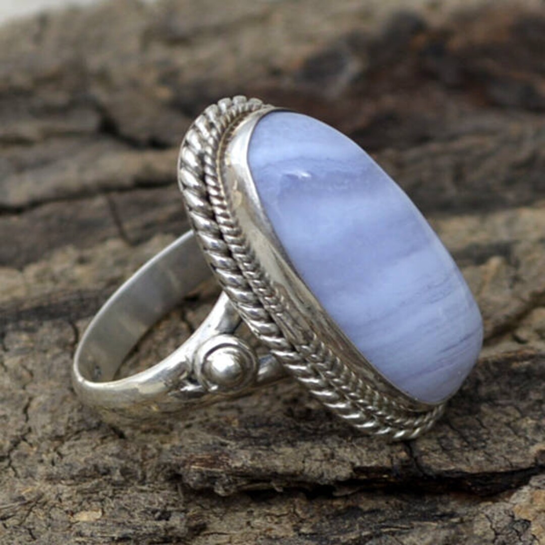 Natural Blue Lace Agate Gemstone Ring, Blue Lace Agate Ring, 925 ...