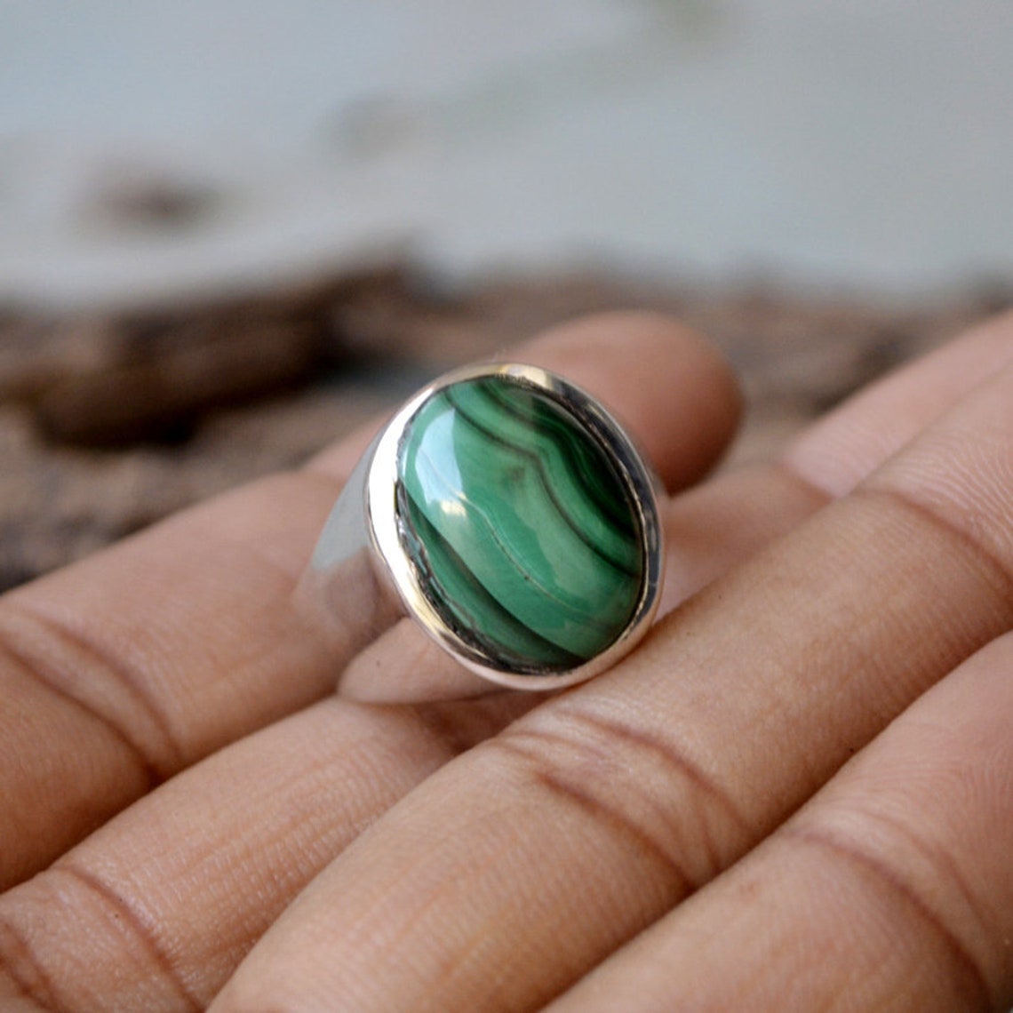 Genuine Malachite Gemstone Ring Bezel Work Statement Ring | Etsy