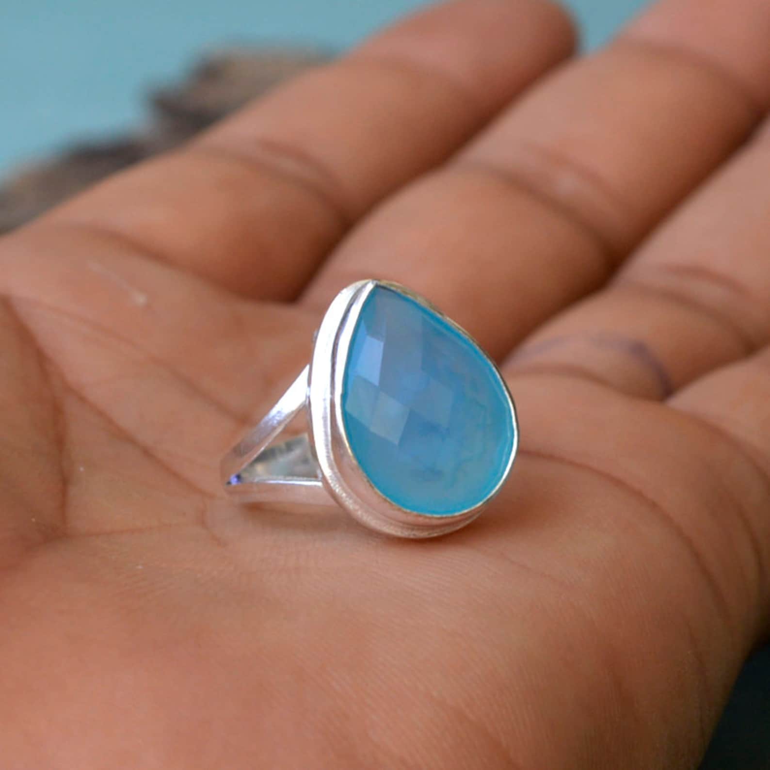 Natural Aqua Blue Chalcedony Gemstone Ring Bezel Ring 925 - Etsy
