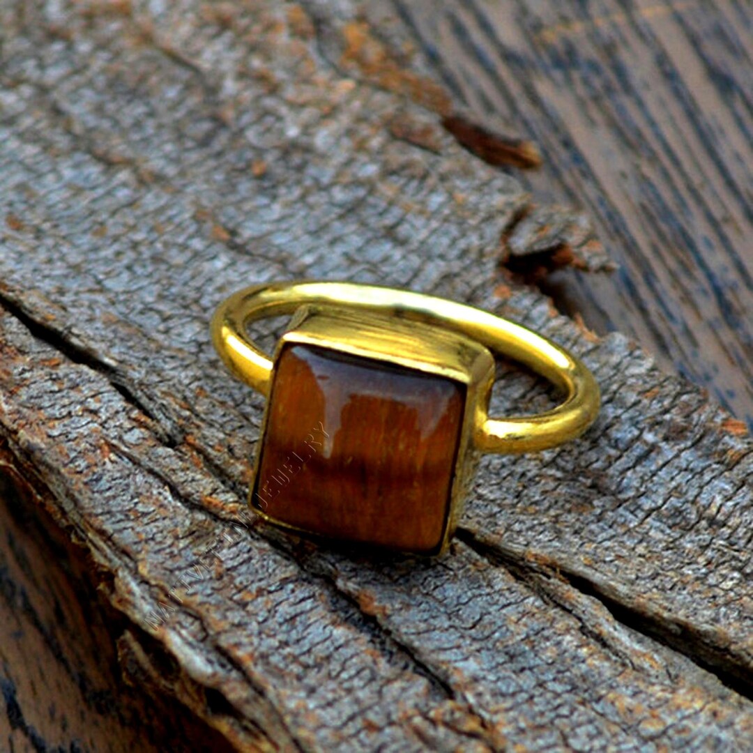 Natural Tiger Eye Gemstone Ring: 14k Yellow Gold Chalcedony - Etsy