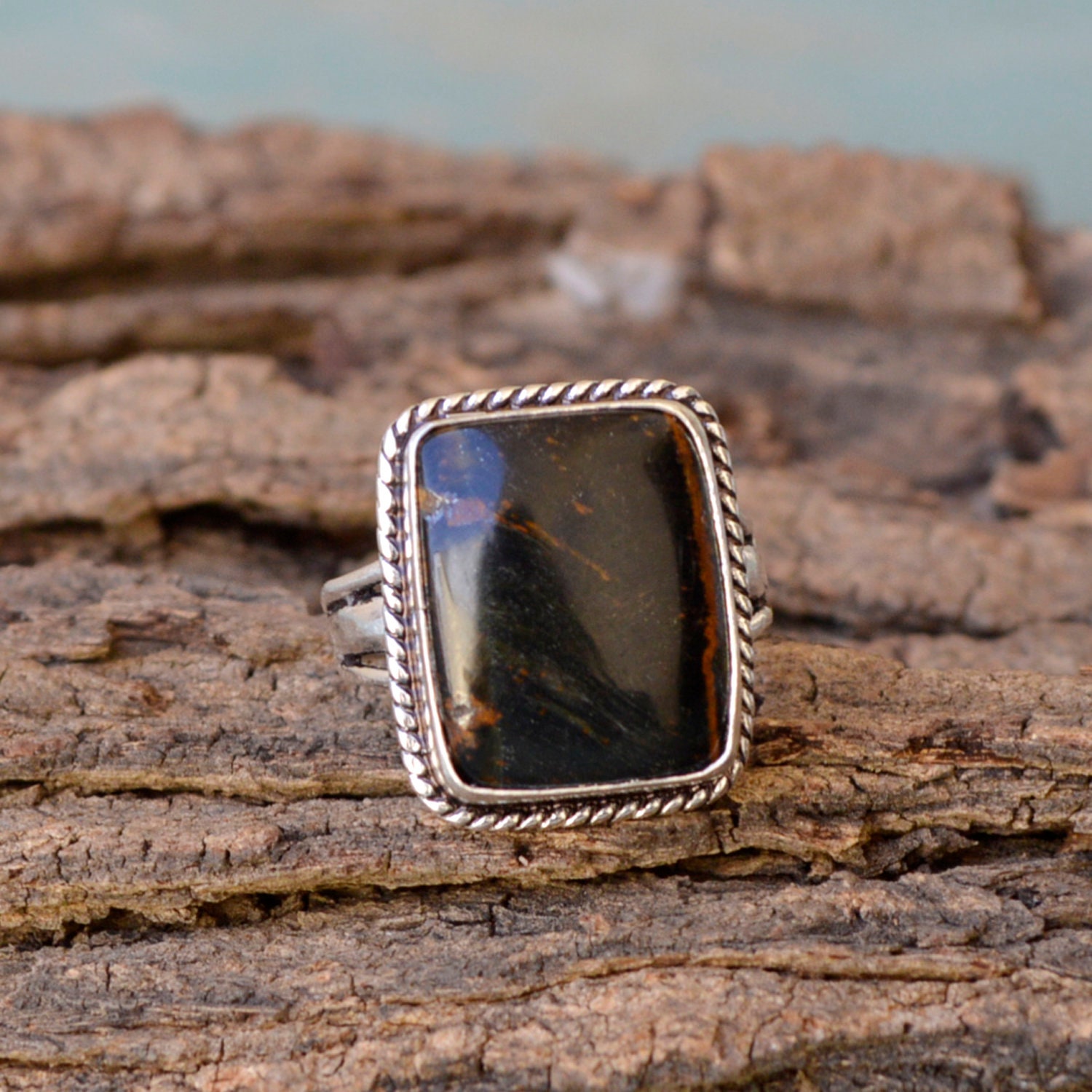 Natural Blue Tiger Eye Gemstone Ring 925 Sterling Silver | Etsy