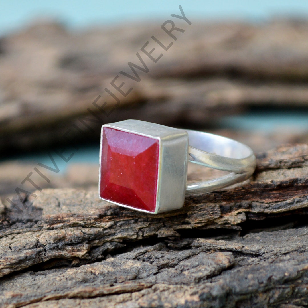 Ruby Gemstone Ring, Square Cut Ruby Ring, 925 Sterling Silver Ring, Raw ...