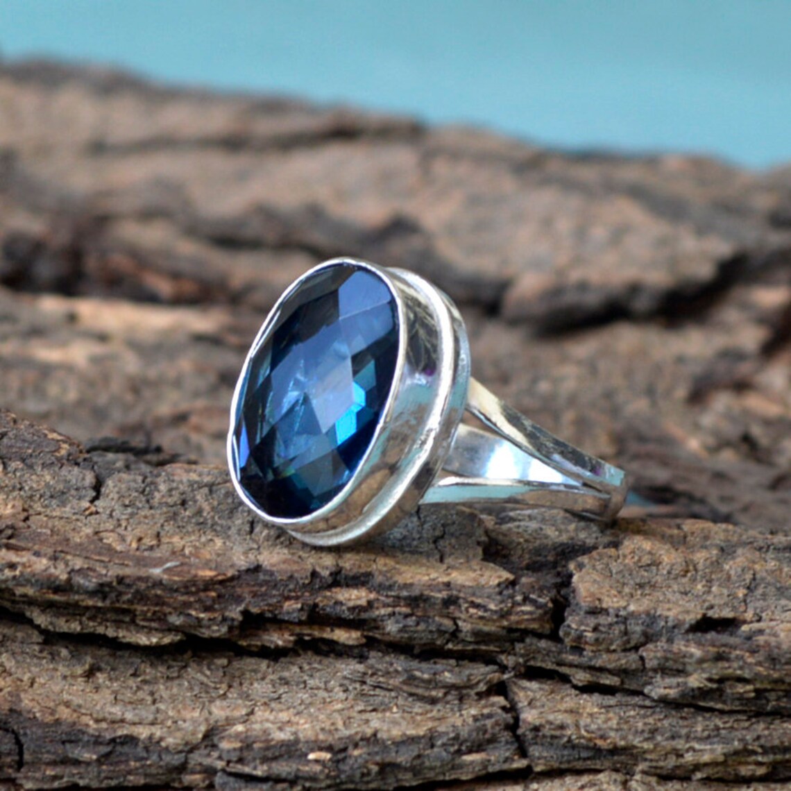 London Blue Quartz Ring Bezel Set Ring Oval Checker Cut | Etsy
