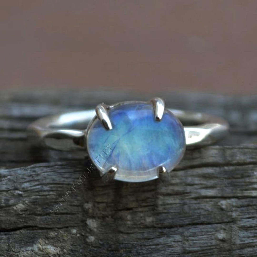 Oval Rainbow Moonstone Ring: Blue Fire, Sterling Silver Prong Setting ...