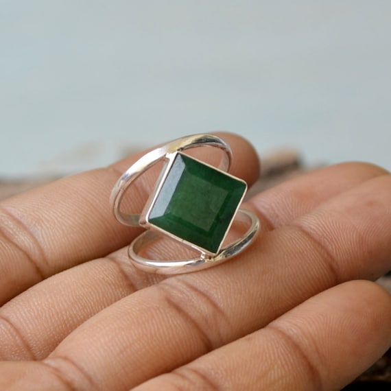Emerald Ring 925 Sterling Silver Ring Natural Square Shape Emerald Gemstone Ring Bezel Ring May Birthstone Ring Double Band Gift Ring