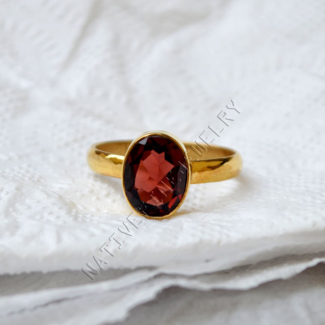 Hessonite Garnet Gold Ring, 14K Yellow Gold Garnet Ring, Natural Oval ...