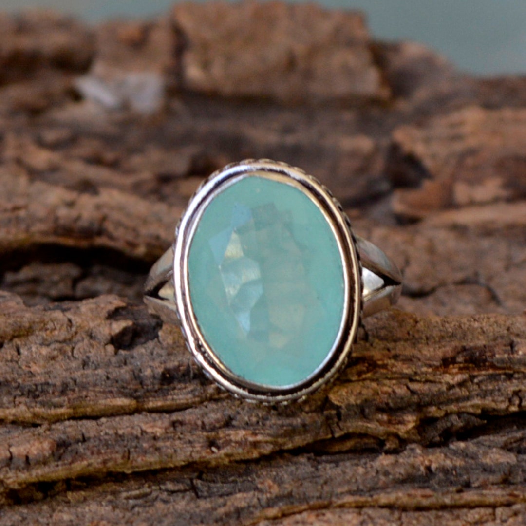 Anillo de calcedonia de agua facetada, anillo de calcedonia natural ...