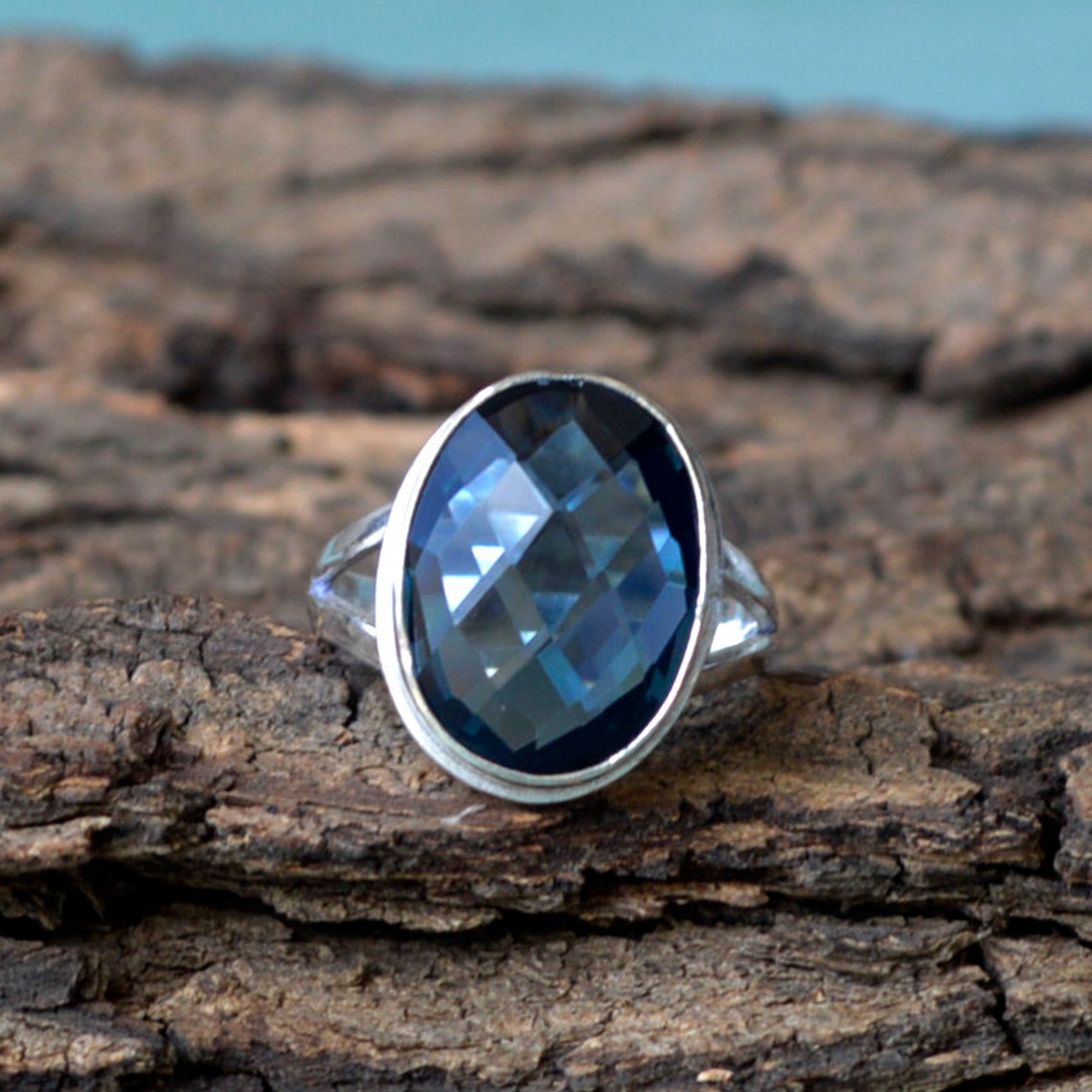London Blue Quartz Ring Bezel Set Ring Oval Checker Cut | Etsy