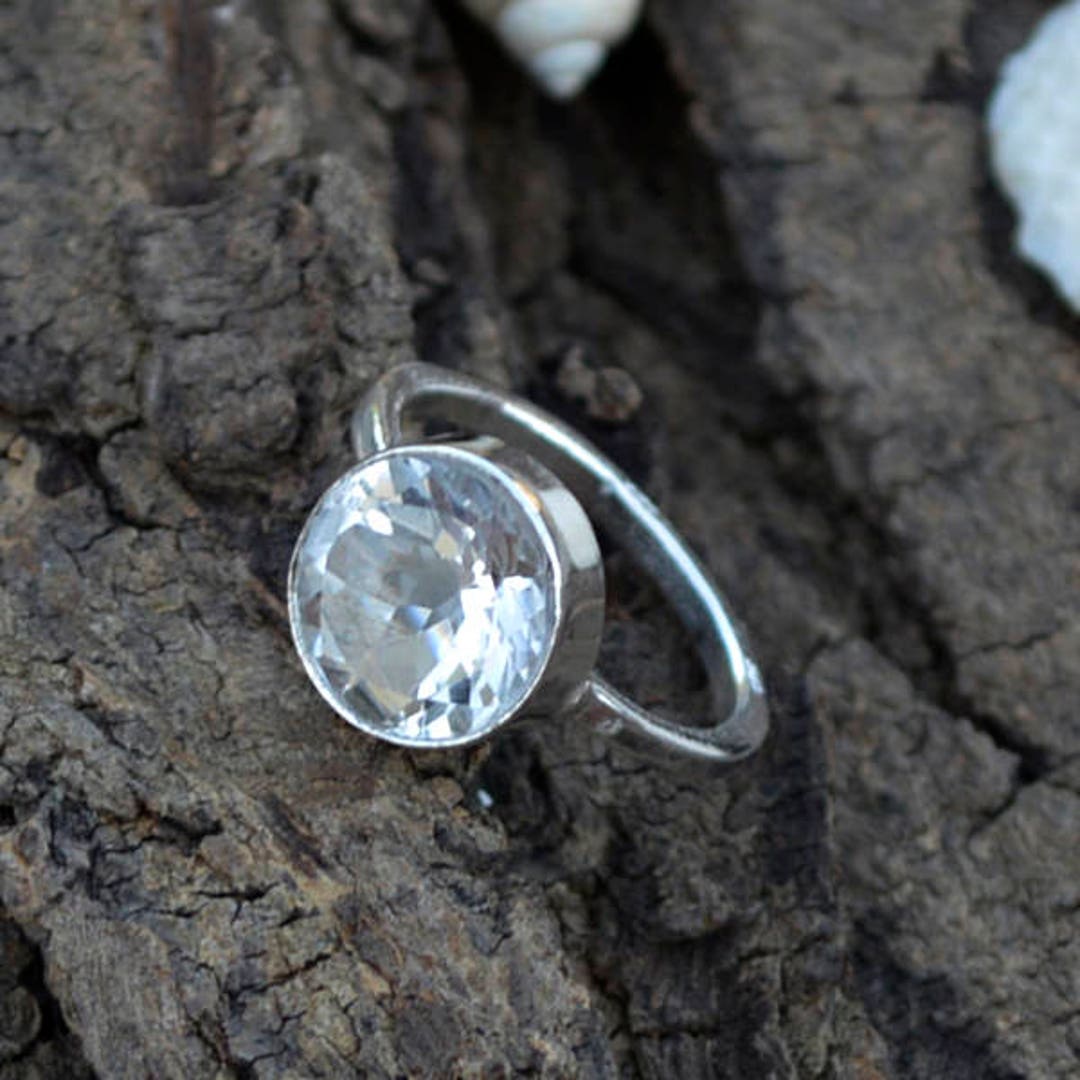 Natural Rock Crystal Gemstone Ring 925 Sterling Silver Ring Round Cut ...