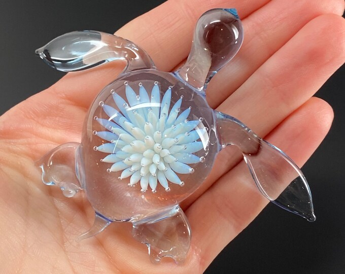 Glass Sea Turtle Sculpture Figurine With Sea Urchin Shell, Glitter ...