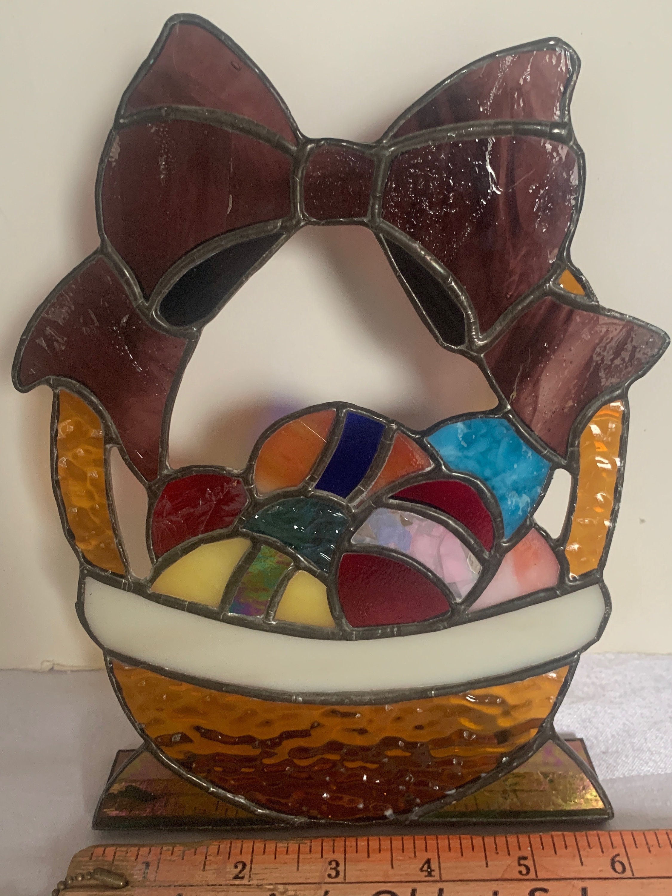 Stained Glass Easter Basket W/ Bow & Eggs. Stands on Green Base. - Etsy