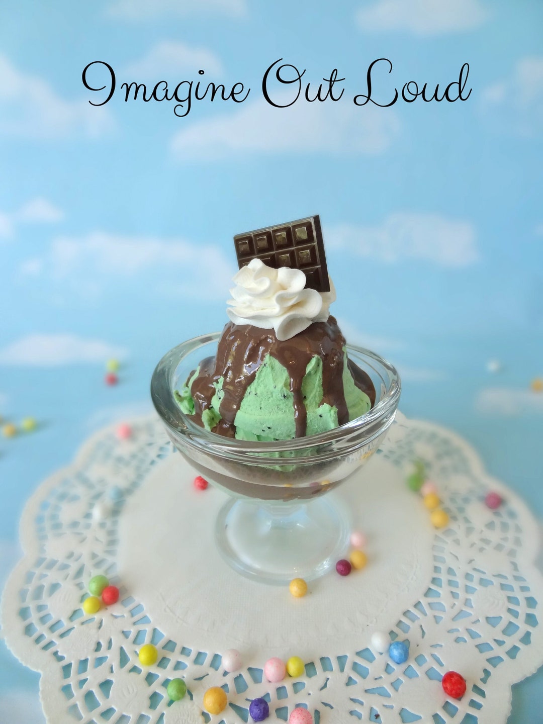 Fake Ice Cream Sundae Large Mint Chip With Chocolate Sauce Faux Food ...