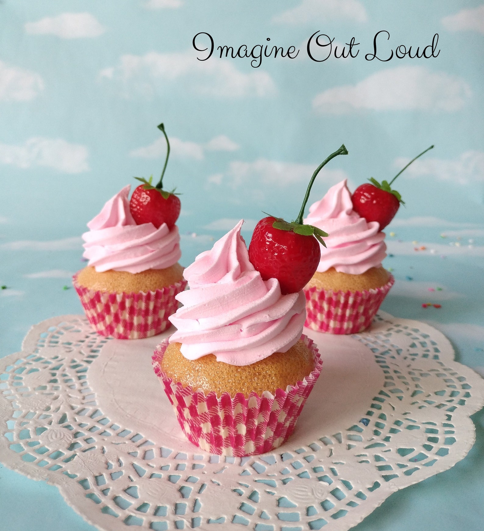 Fake Cupcake Pink Strawberry Gingham Faux Photo Prop Kitchen Decor ...