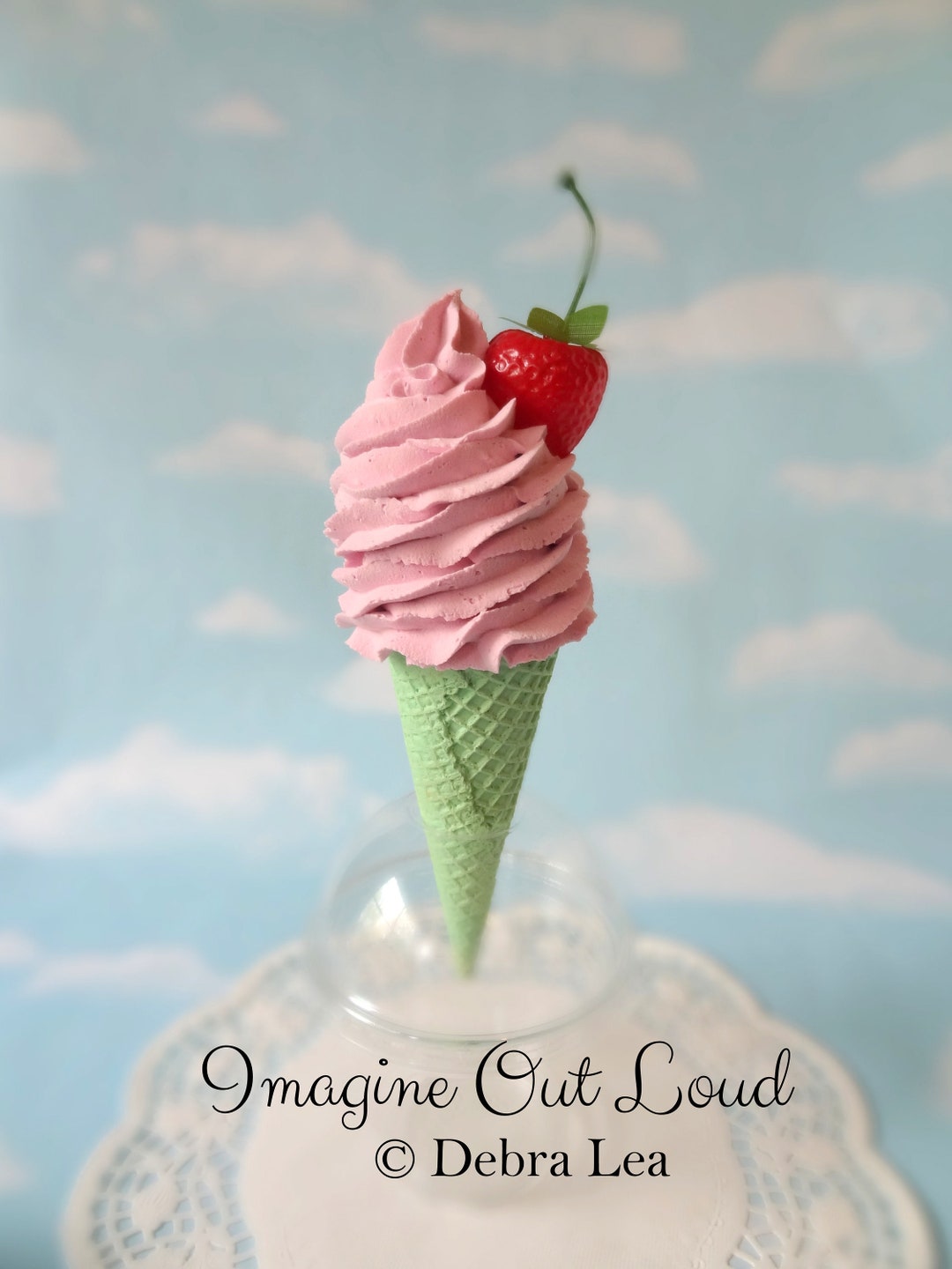 Fake Ice Cream Soft Serve Swirl Pink Strawberry On Faux Green Sugar