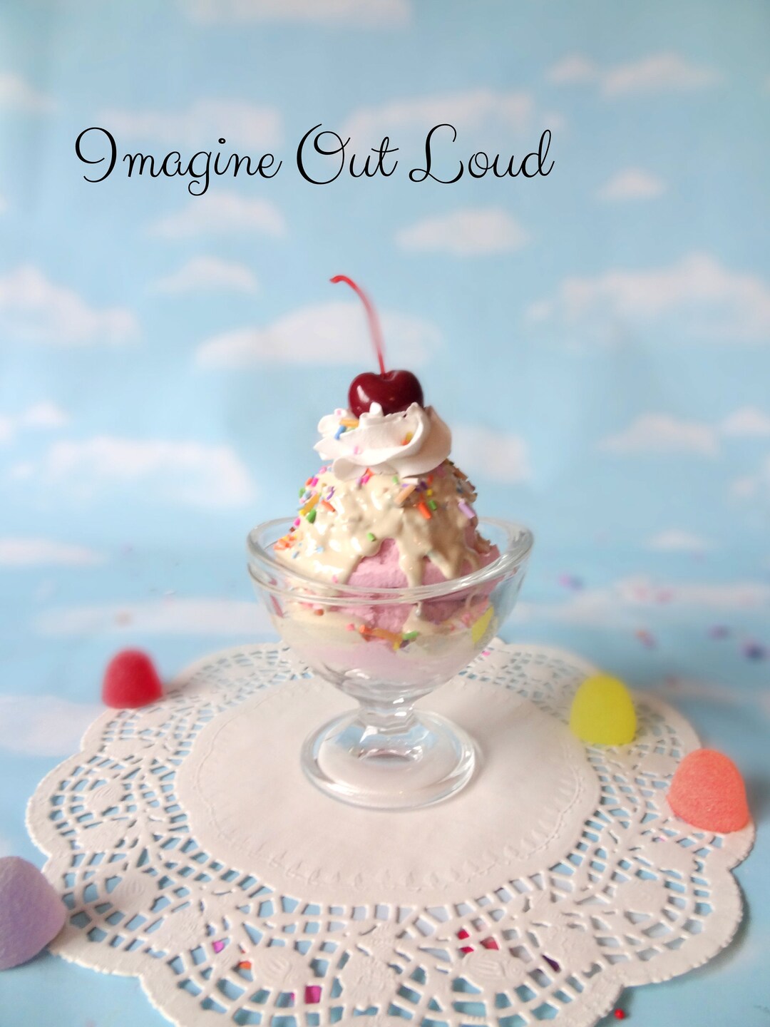 Fake Ice Cream Sundae Large Strawberry With White Chocolate Sauce and ...