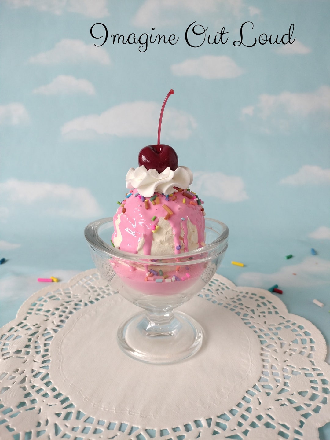 Fake Ice Cream Sundae Large Vanilla With Pink Sauce Pastel Sprinkles ...
