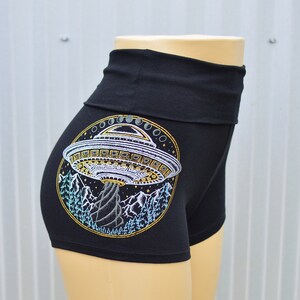 Glow in the Dark Alien UFO Yoga Shorts - Black High Waisted Women's ...