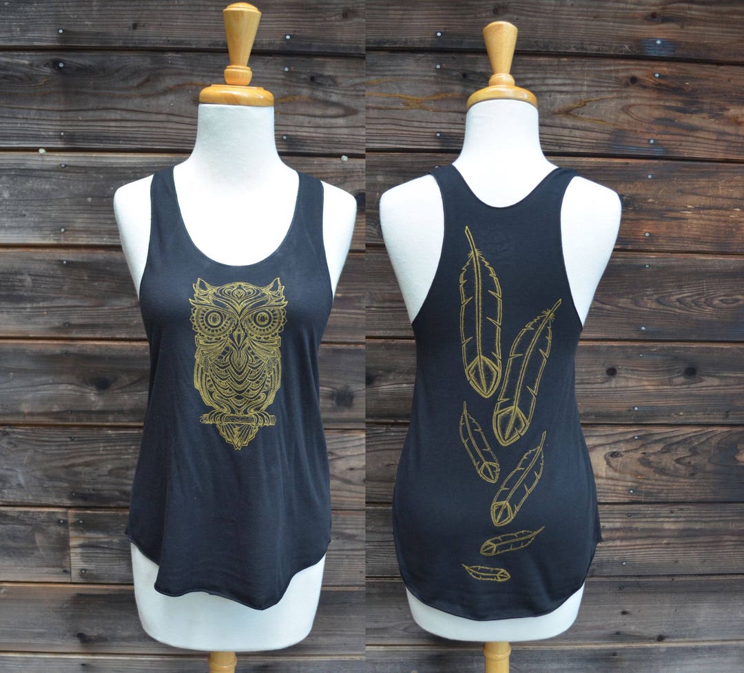 Gold Owl and Feather Women's Tank Top - Black Racerback Tank Top ...