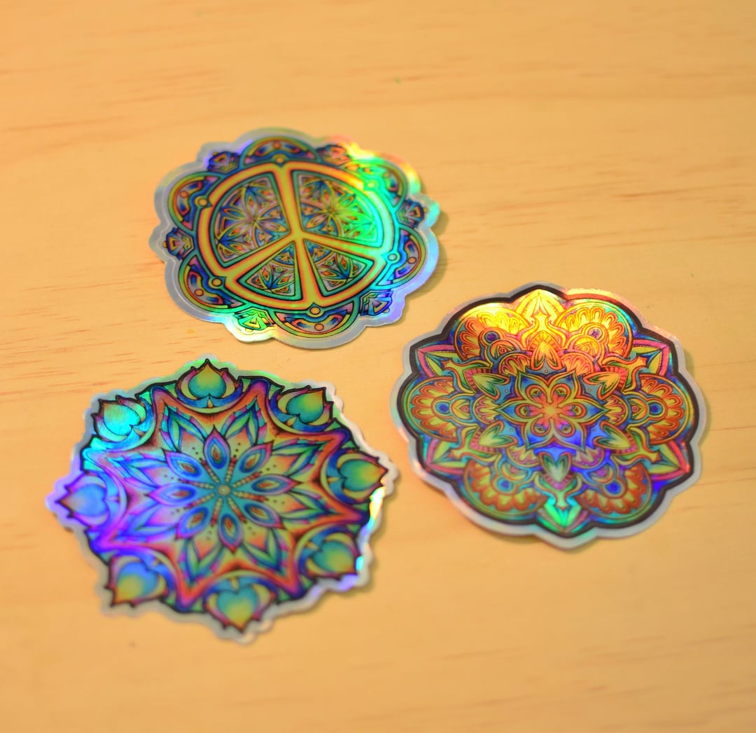 Holographic Sticker Pack! - 3 X 3inch Hand Drawn Holographic Mandala ...