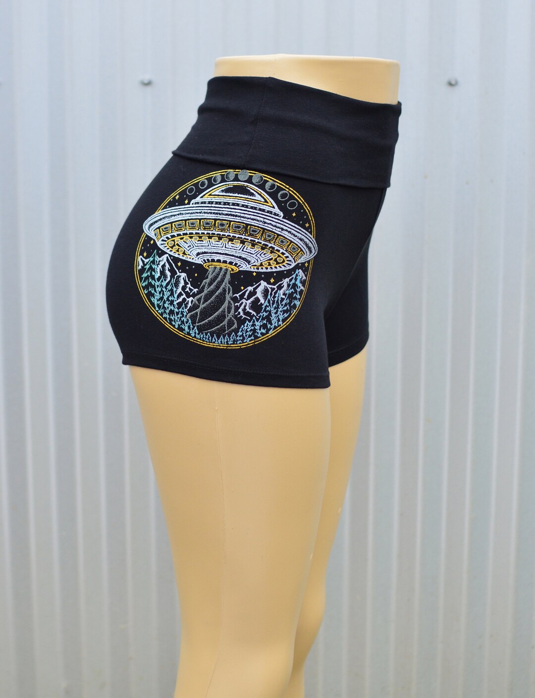 Glow in the Dark Alien UFO Yoga Shorts - Black High Waisted Women's ...