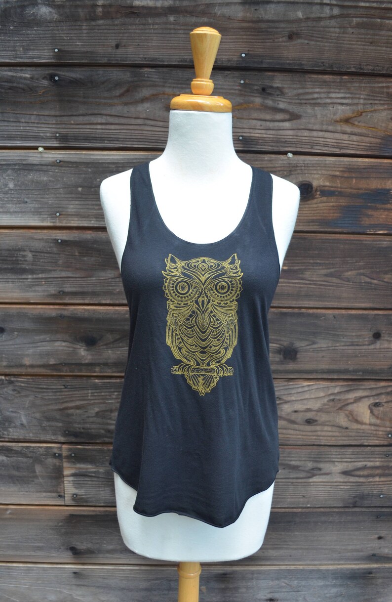 Gold Owl and Feather Women's Tank Top - Black Racerback Tank Top ...