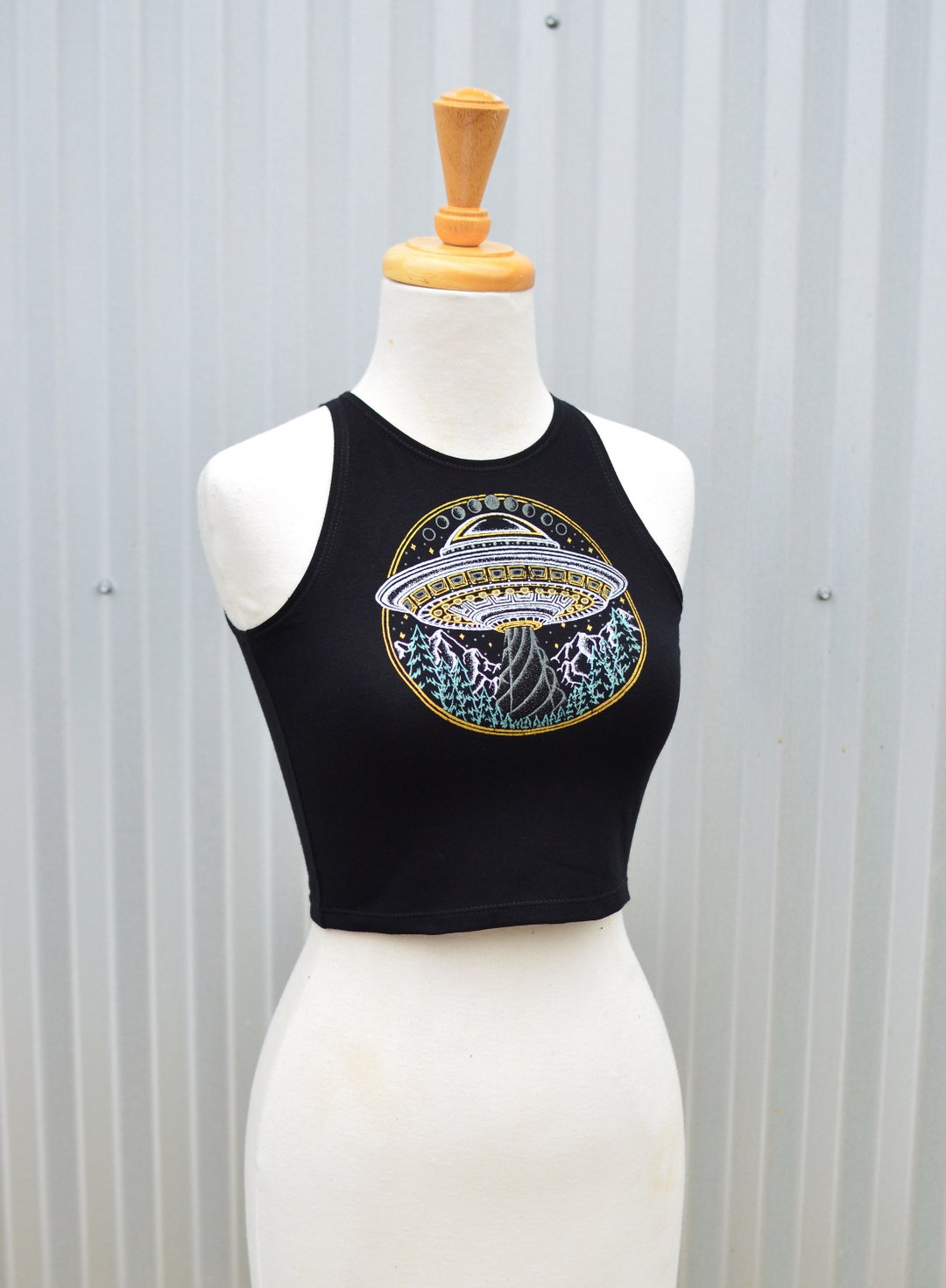 Glow in the Dark Alien UFO Crop Top - Black Crop Top - Women's Fitted ...