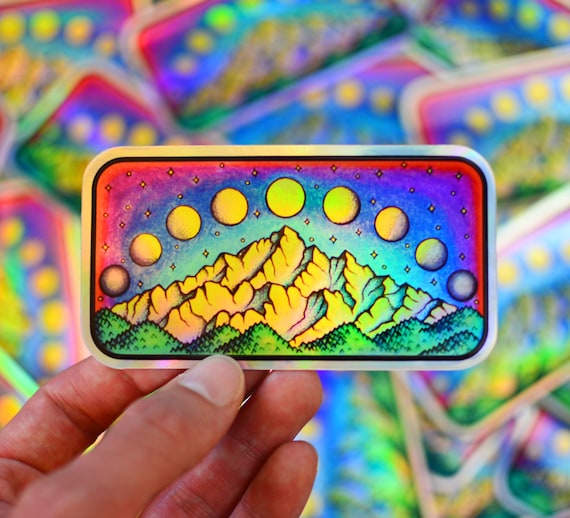 Holographic Mountain Moon Phase Sticker Nature Sticker | Etsy