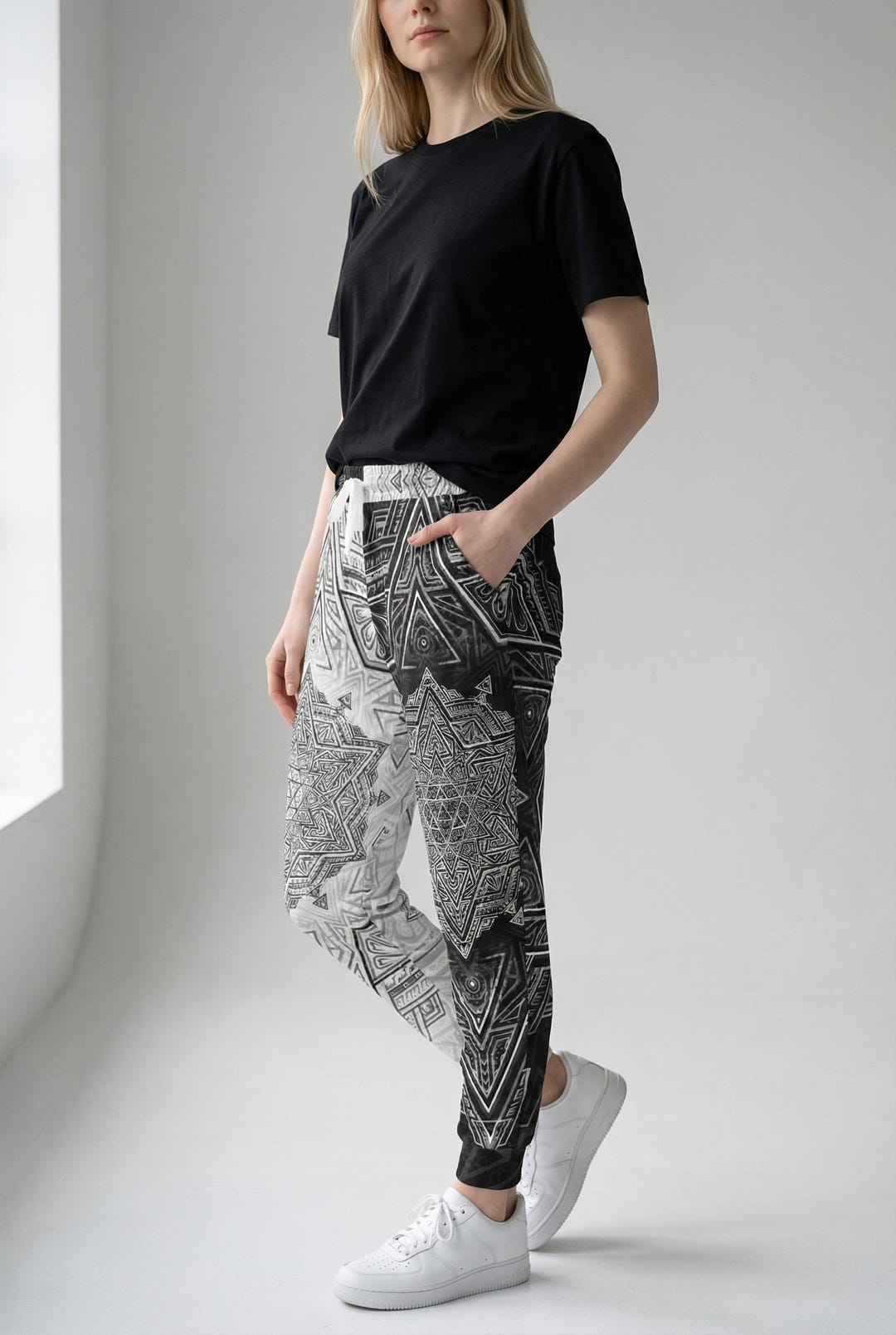Black and White Star Tetrahedron Mandala Joggers - Sacred Geometry ...